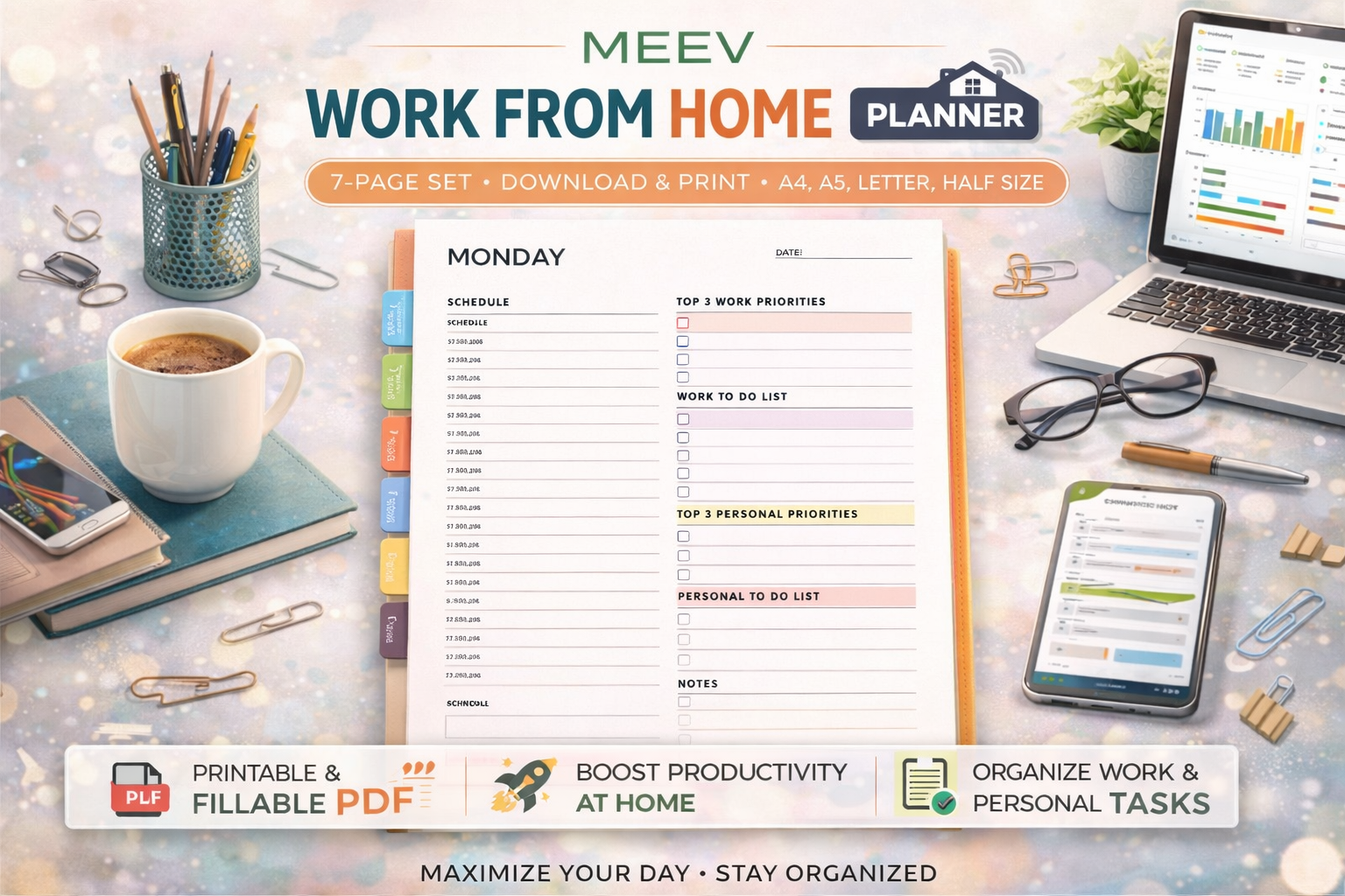 Printable Daily Planner PDF – Undated Productivity Planner – MEEV